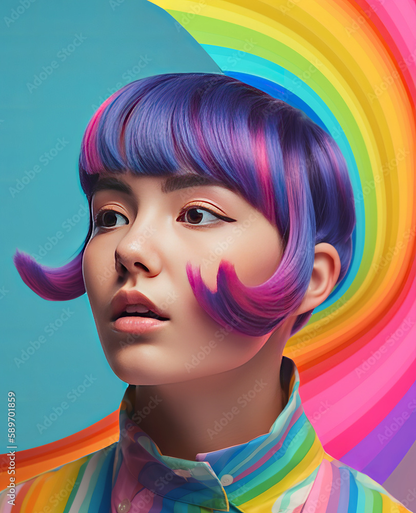 woman make a 'color me rainbow' poster, in the style of simplified and ...