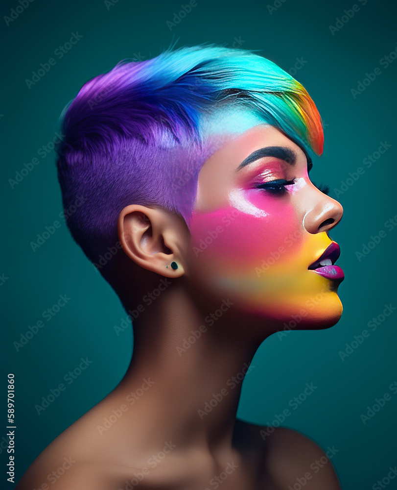 Stockillustratie woman make a 'color me rainbow' poster, in the style ...