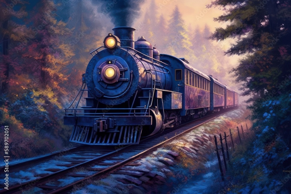 Train rides in a forest area, retro style. Vintage steam locomotive. AI ...