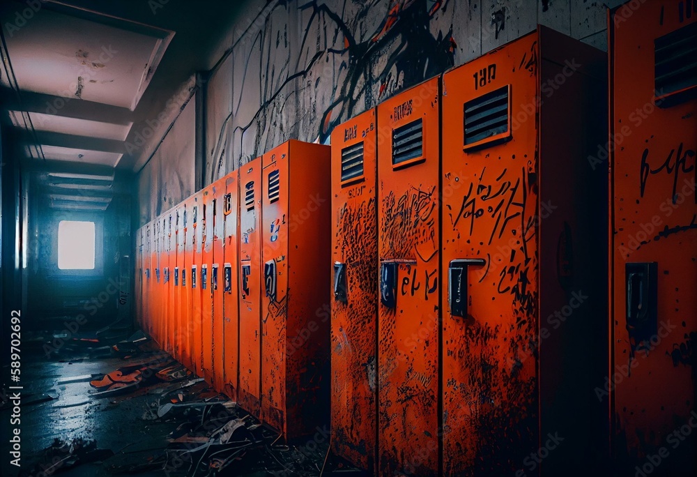 Row of bright orange lockers inside a decaying abandoned school with ...