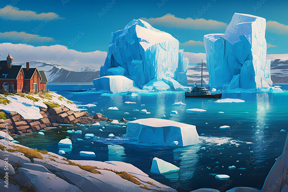 cartoon nature winter arctic landscape with iceberg. Neural network AI ...