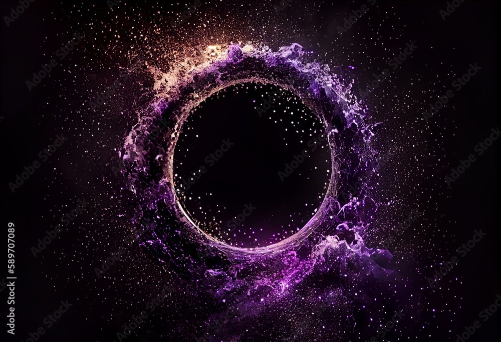 Magic ring particles. Abstract purple circle, portal on black and ...