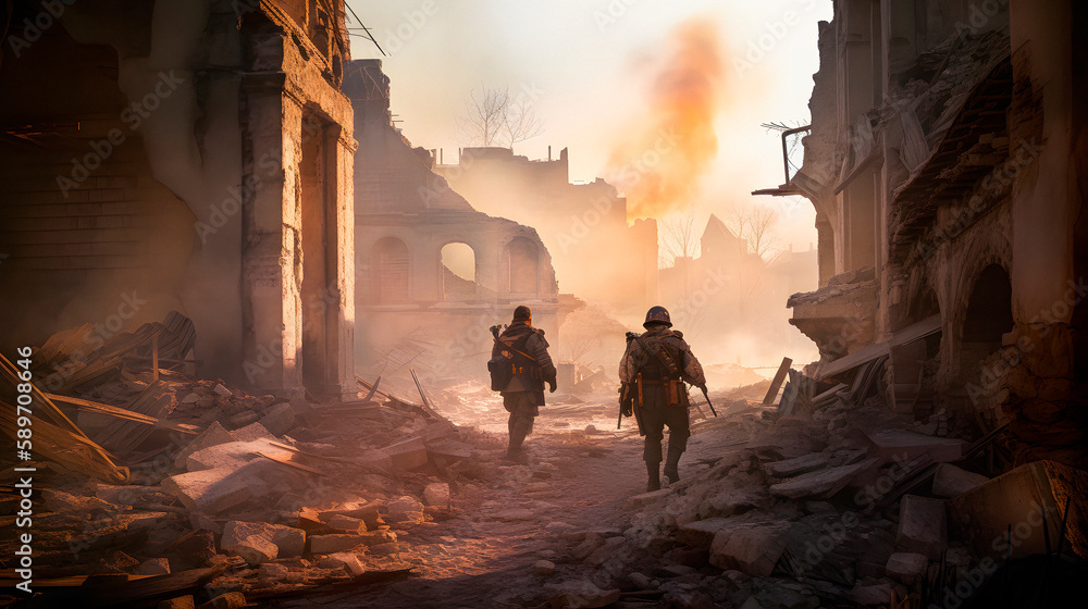 Horrors of the war. Soldiers in the abandoned ruined city. Realistic ...