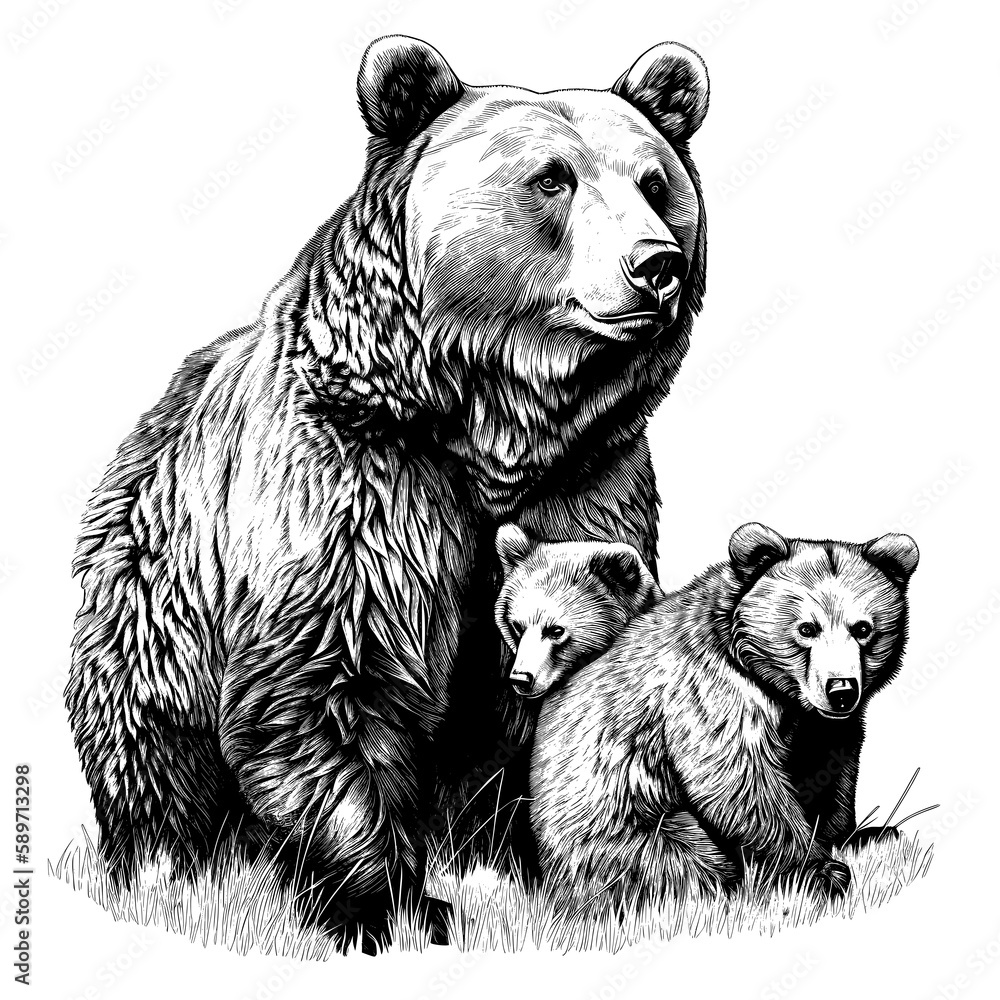 Grizzly bear , Hand drawn sketch in vintage engraving style. PNG ...
