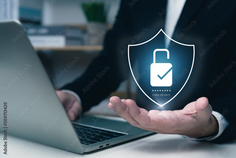 Cyber security concept, businessman showing security icons connecting ...