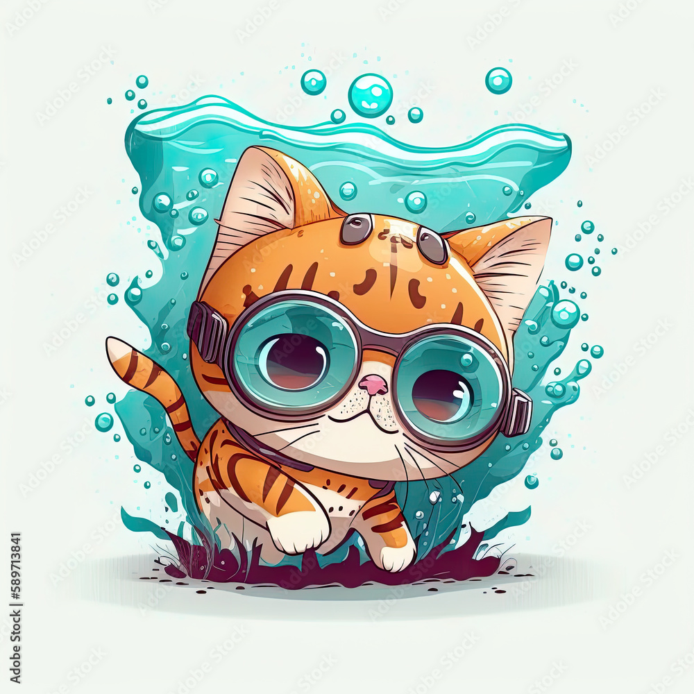 Cat snorkelling underwater, diver kitten, cartoon chibi style, AI ...