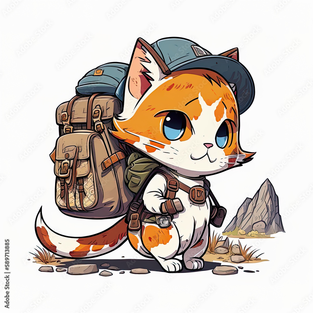 Cute little ginger cat as backpacker, adventurer, trecker, cartoon ...