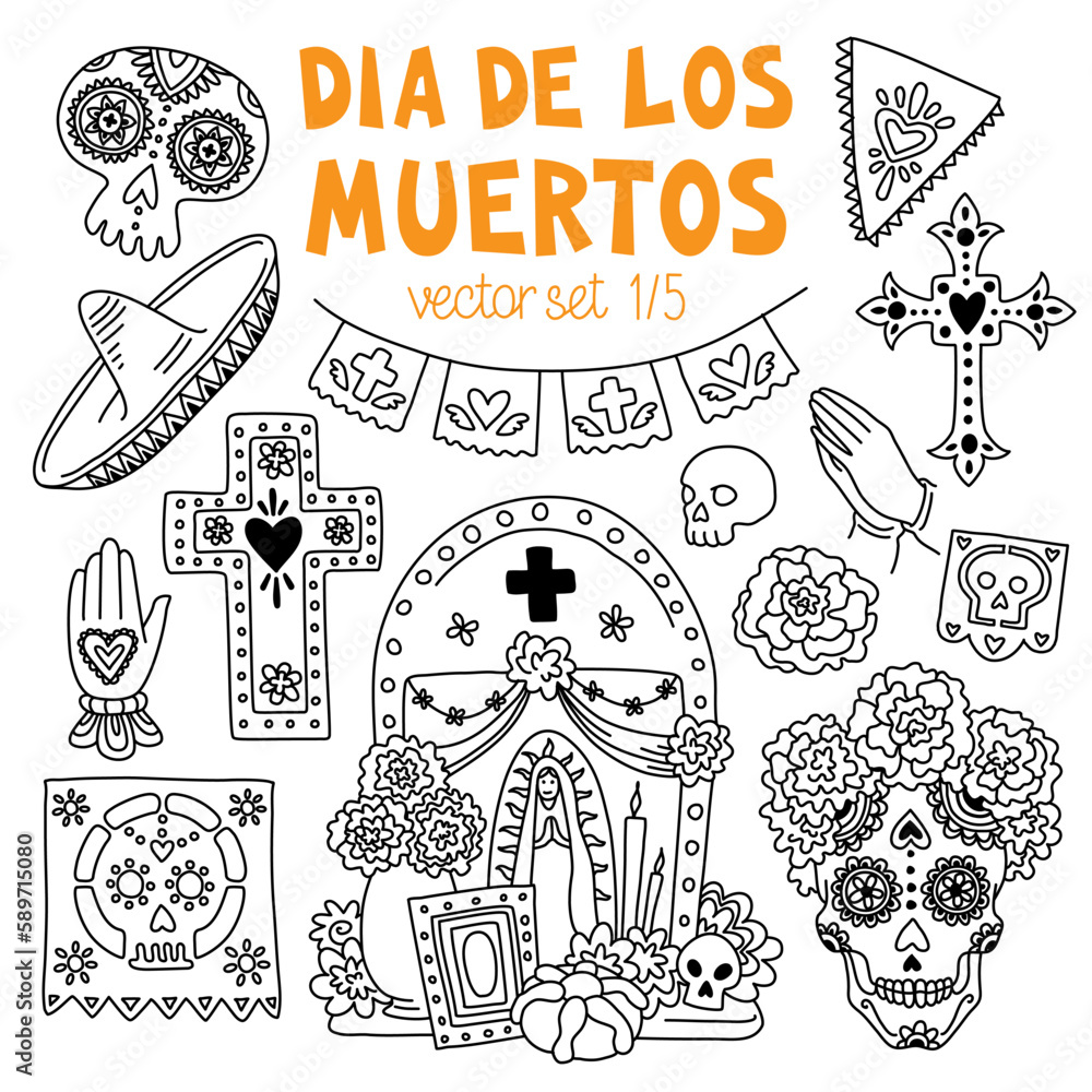 Day of the dead doodles set. Dia de los muertos. Traditional Mexican ...