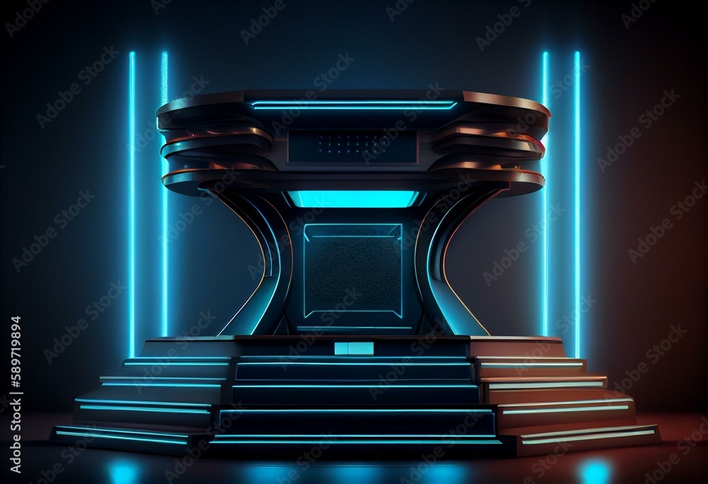 High-tech product podium platform studio in dark spaceship with glowing ...