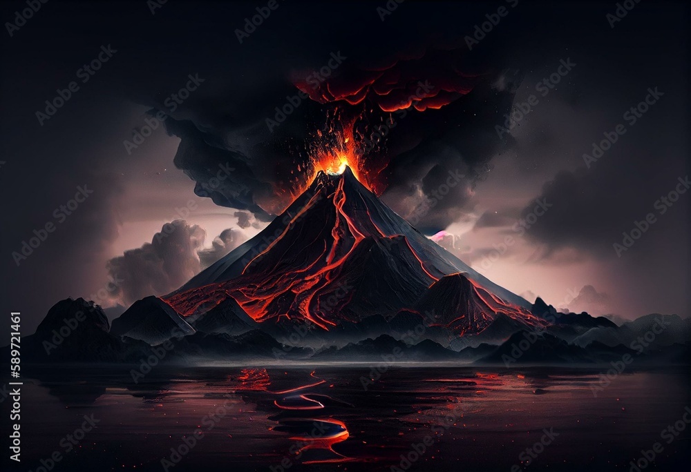 A volcano with lava and lava surrounding it in a dark sky with clouds ...