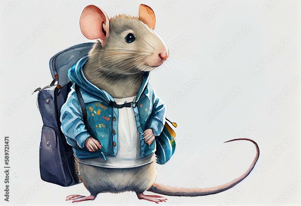 Watercolor cartoon characters of gray rat wearing clothes and shoulder ...