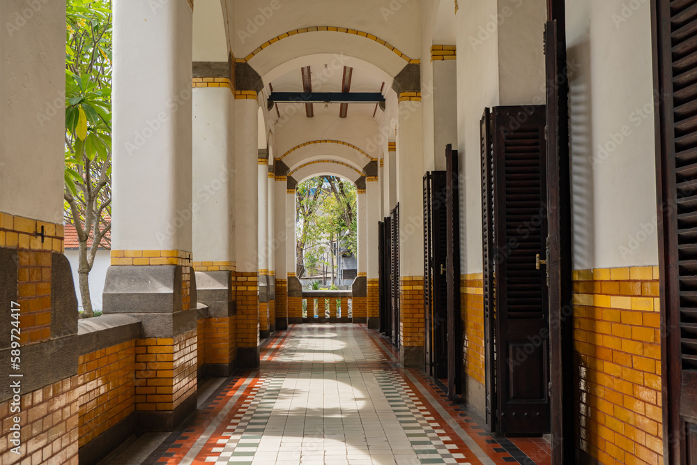 Corridor Inside the old mansion on the down town Semarang Central Java ...