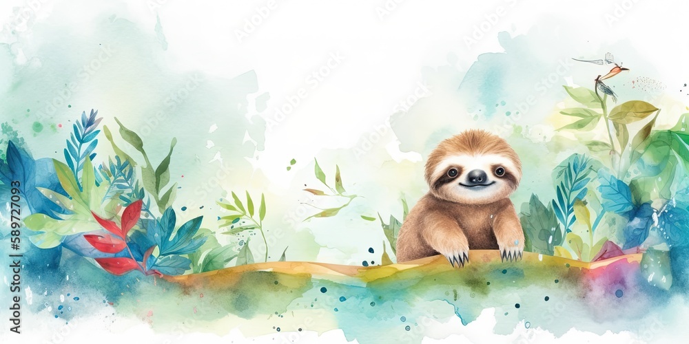 watercolor background with playful baby Sloth border - generative AI ...