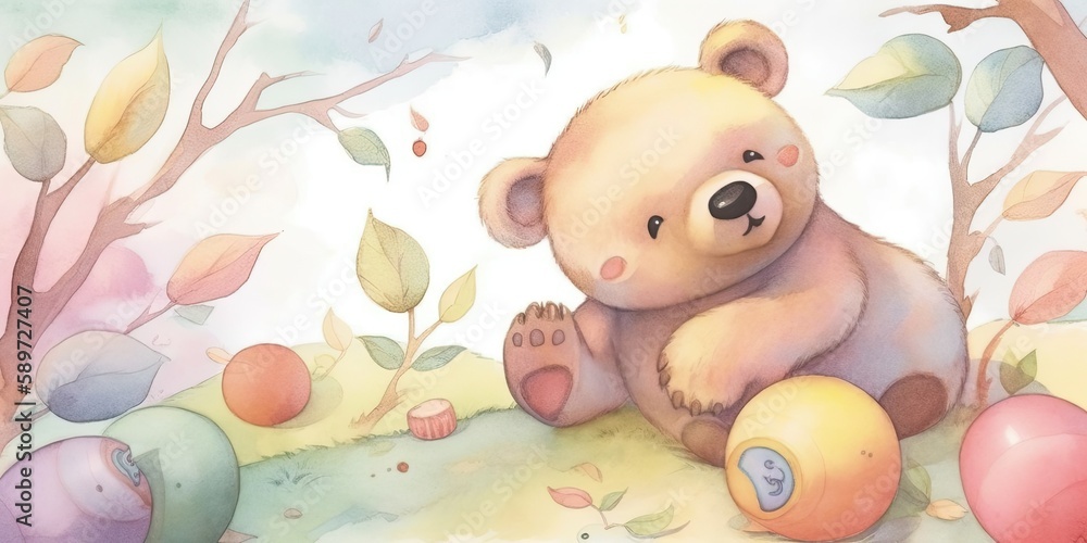 watercolor background with playful baby bear border - generative AI Art ...
