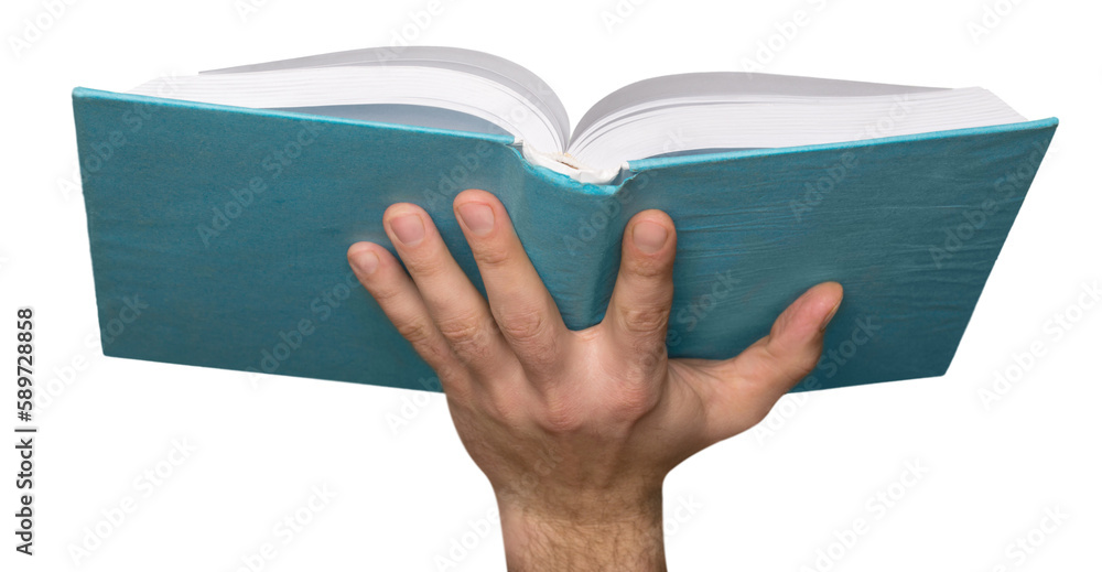education and book concept - close up of woman hand holding open green ...