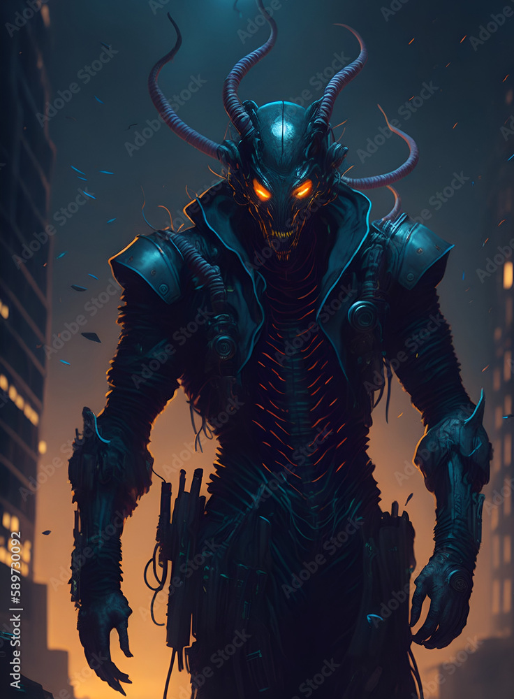 Portrait of an alien monster destroying the city, full body and capture ...