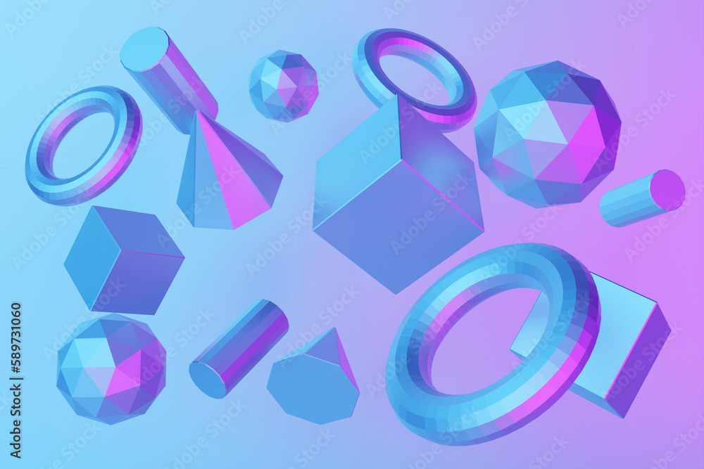 Close-up 3d monochrome illustration. Different geometric shapes: cube ...