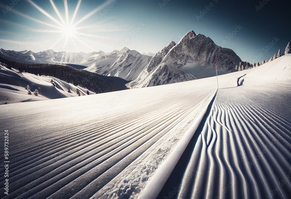 New groomed ski piste or slope. Lines in snow with sunny mountains ...