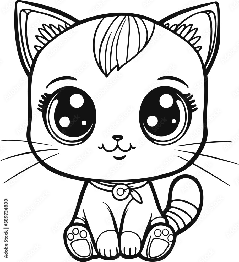 Cute cartoon cat or kitten. Baby pet in line drawing. Vector ...