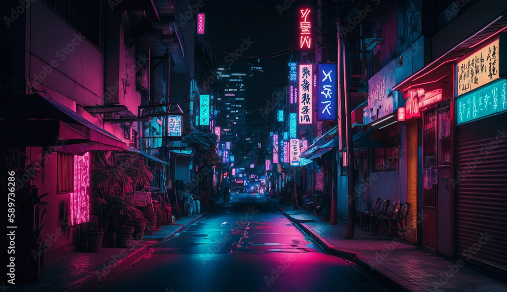 Colorful neon night street in city. Night life at a district full of ...