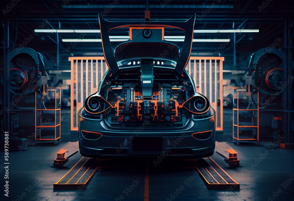 Front View Car Factory Digitalization: Automated Robot Arm Assembly ...