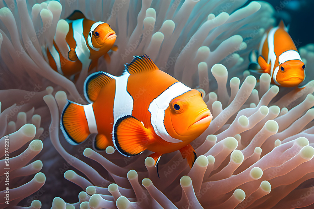 Family of clown fish in anemones. AI generated illustration. Stock ...