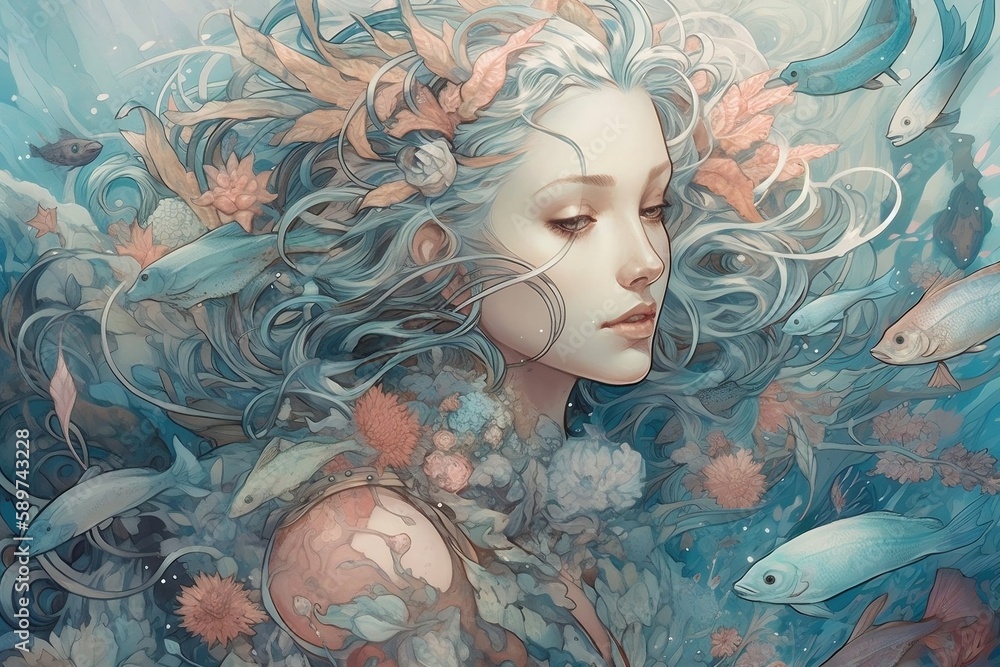 Ocean-themed pastel poster, ocean punk, gorgeous and luxurious goddess ...