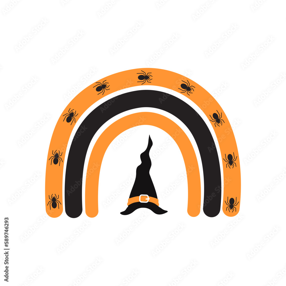 Halloween rainbow with witch hat. Cute hand drawn icon for celebrating ...