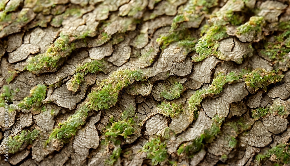 Oak Tree Bark Texture Background Overgrown With Green Moss Created With Generative Ai Tools