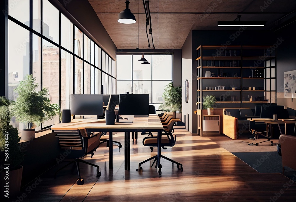 Perspective view on modern interior design co-working spacious office ...