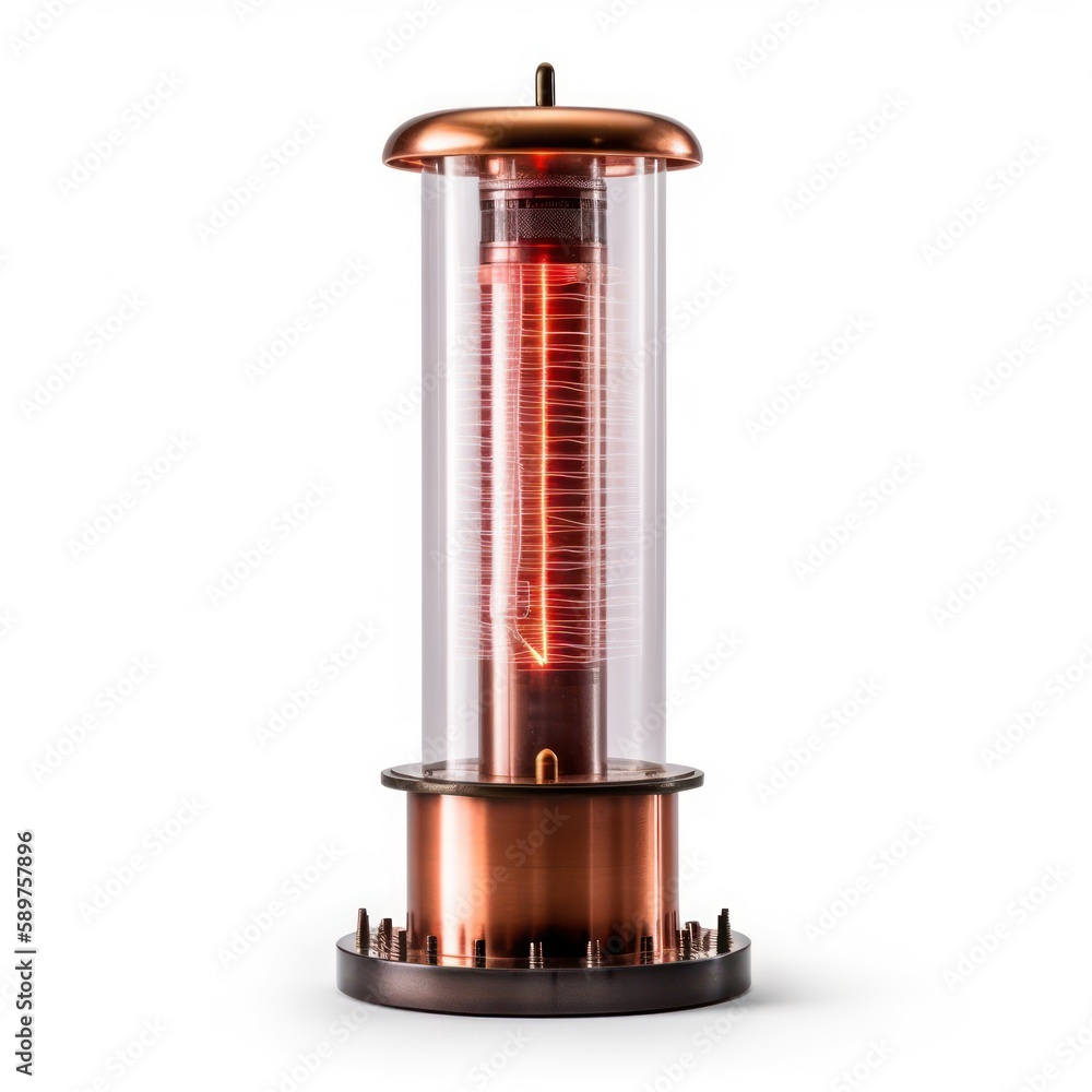 Tesla coil isolated on a white background, high-voltage electrical ...