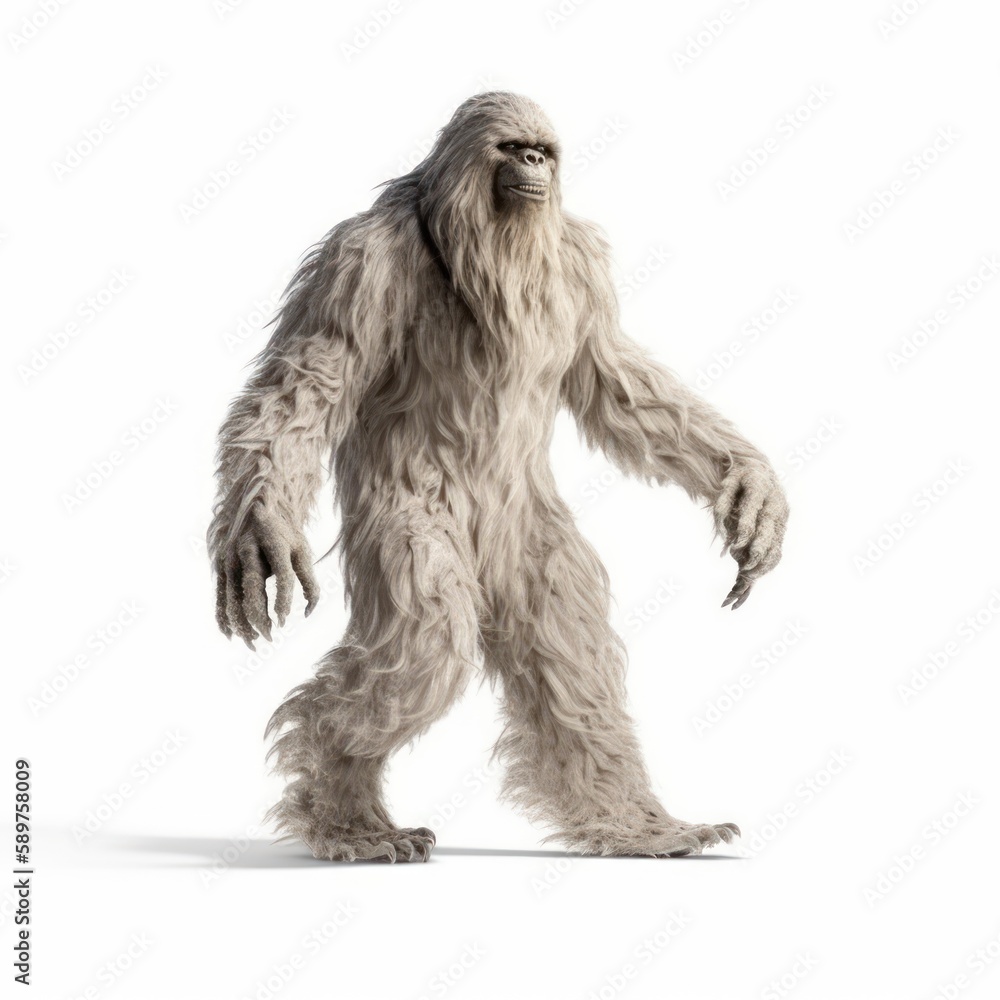 Portrait of an arctic yeti sasquatch bigfoot creature walking isolated on a white background ...