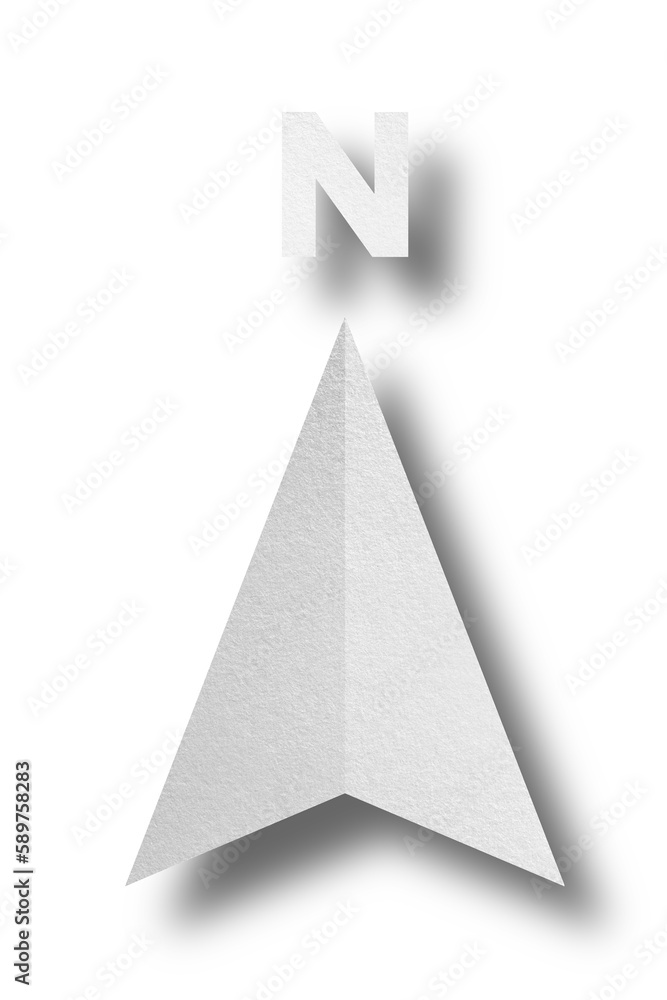 White paper cut out north arrow shape isolated on transparent ...