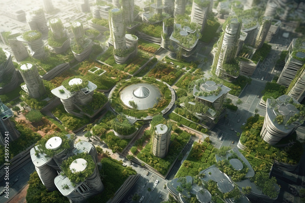 Futuristic city that is completely self-sustaining with green roofs ...