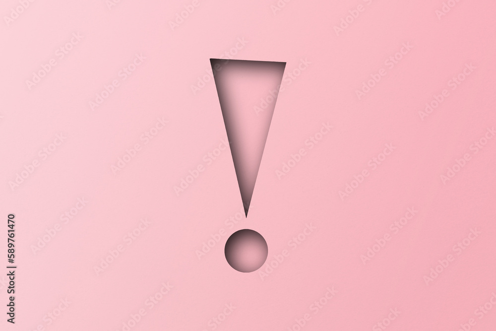 Pink paper cut into exclamation mark shapes. warning sign set on pink ...