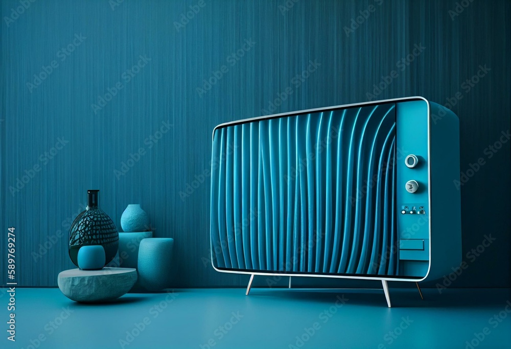 modern tv stand with blue wall design. Generative AI Stock Illustration ...
