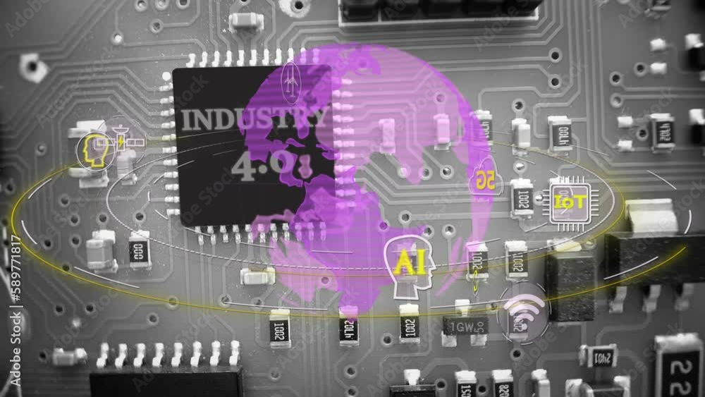 Fourth Industrial Revolution animation on microchip motherboard. Global ...