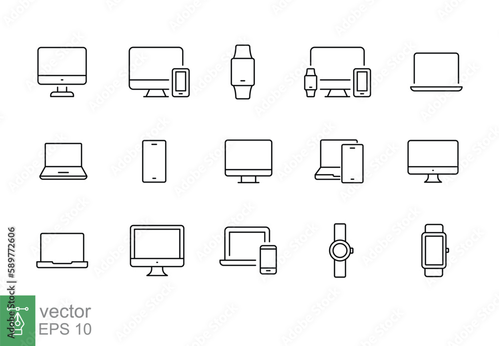 Modern devices thin line icon set. Simple outline style. Computer ...