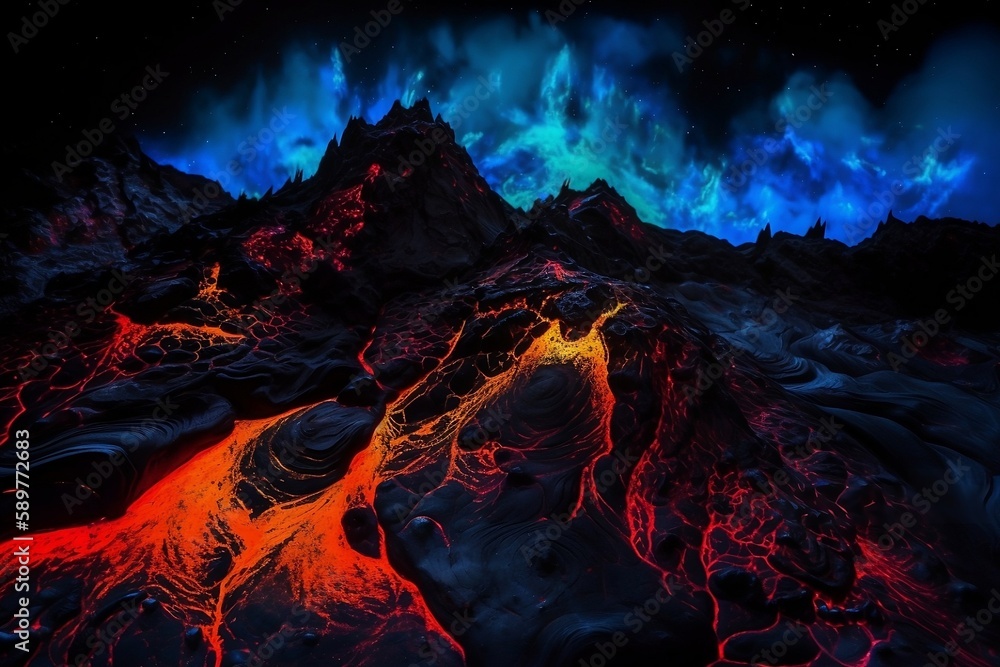 A blacklight painting depicting a volcanic landscape under a starry ...