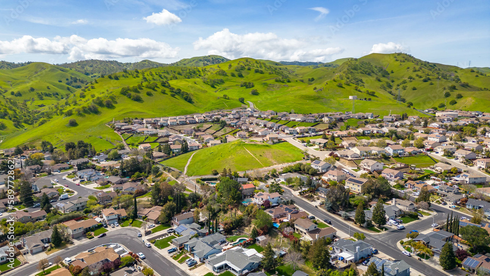 Drone photos over the city of Antioch, California on a beautiful blue ...