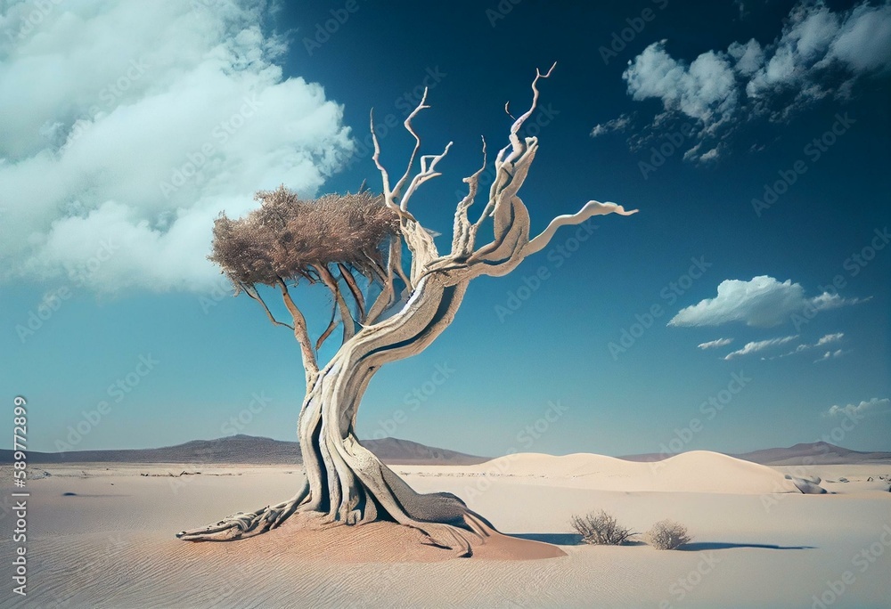 Lonely unusual white dry tree in a desert, with blue sky and clouds in ...