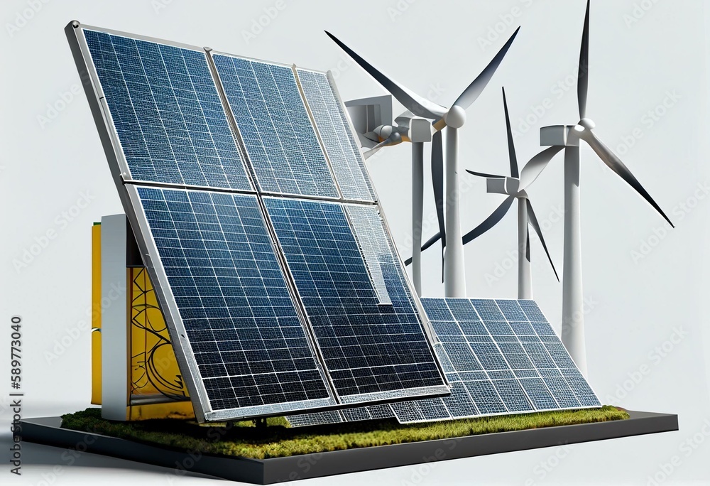 Solar energy panel with wind turbine isolated on transparent background ...