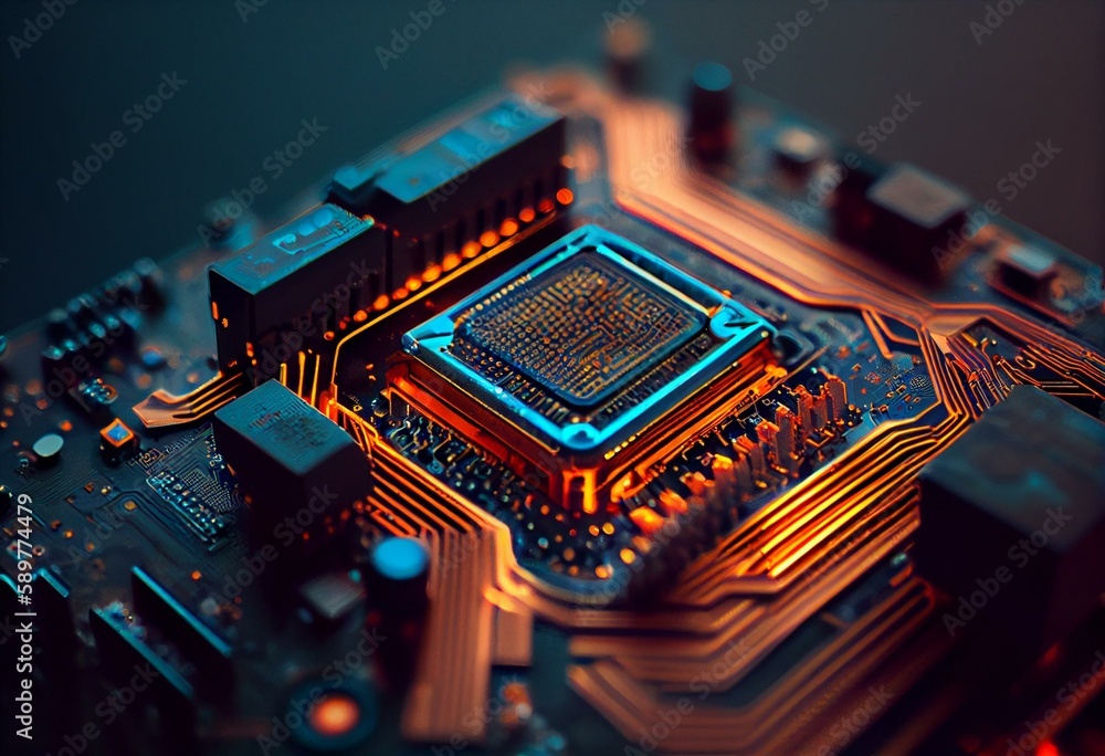 Super macro, glowing computer chip and CPU motherboard technology circuit board, Generative AI ...