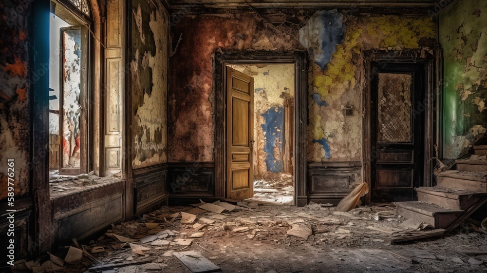 a run down room with a bunch of debris on the floor and a door leading ...