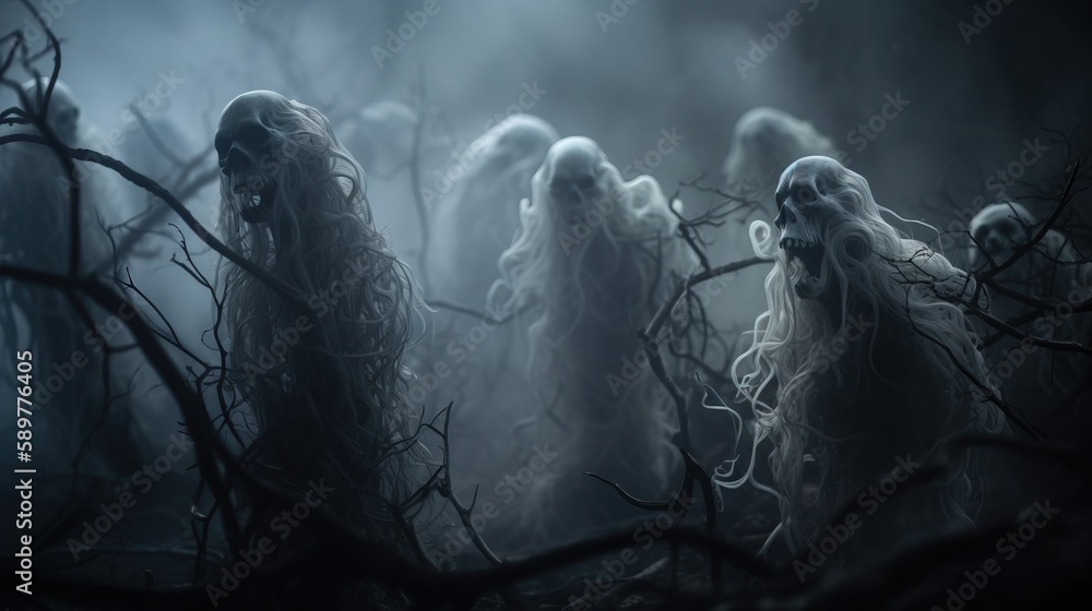 a group of creepy people walking through a forest filled with dead ...