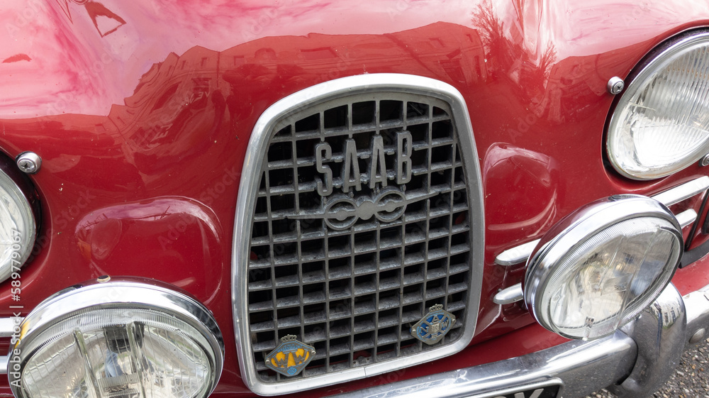 Saab 96 automobile car logo brand and sign text on retro vintage ...