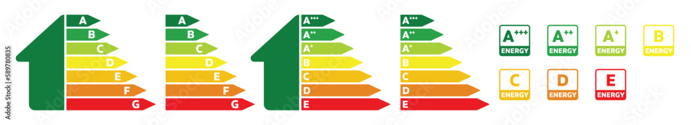Vetor de Energy efficiency chart icon set. Home energy efficiency ...