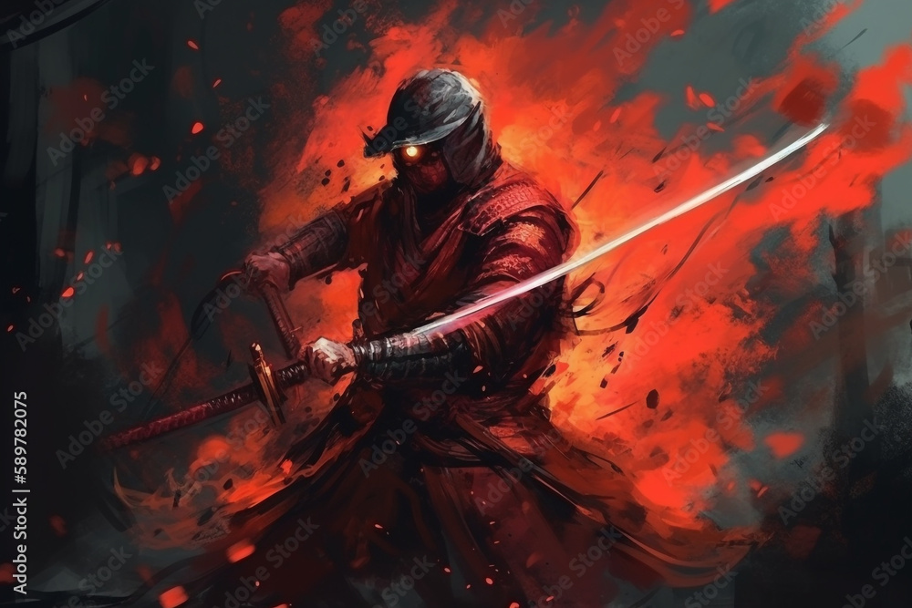 samurai in a demonic red mask on the battlefield makes a swing with a ...