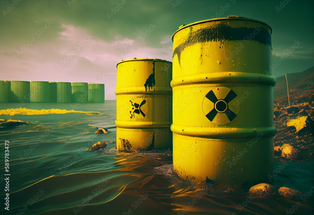 Yellow barrels for radiation hazard waste drift on ocean. Concept ...