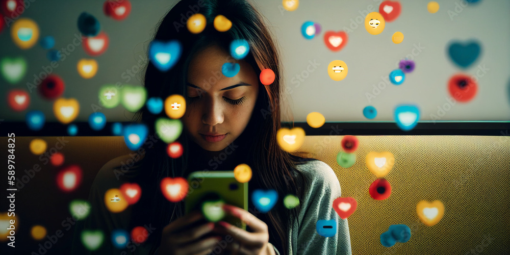 Social media addiction concept. Young woman surrounded by app icons ...